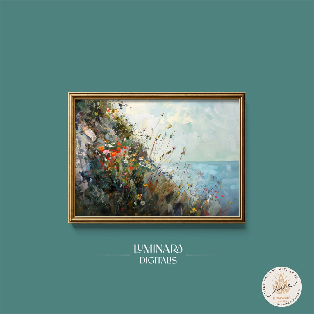 Digital Wall Art, Coastal Cliffside Digital Art Print Wildflowers ...