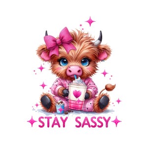 Pink Sassy Highland Cow PNG: Coffee Heifer Clipart (digital Download ...