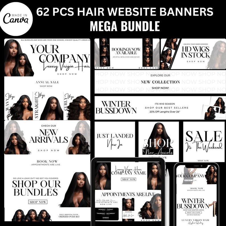DIY Hair Website Banner Set | 62 Pcs Mega Bundle | Shopify Hair ...