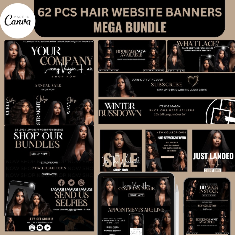 DIY Black Hair Website Banner Set | 62 Pcs Mega Bundle | Shopify Hair ...