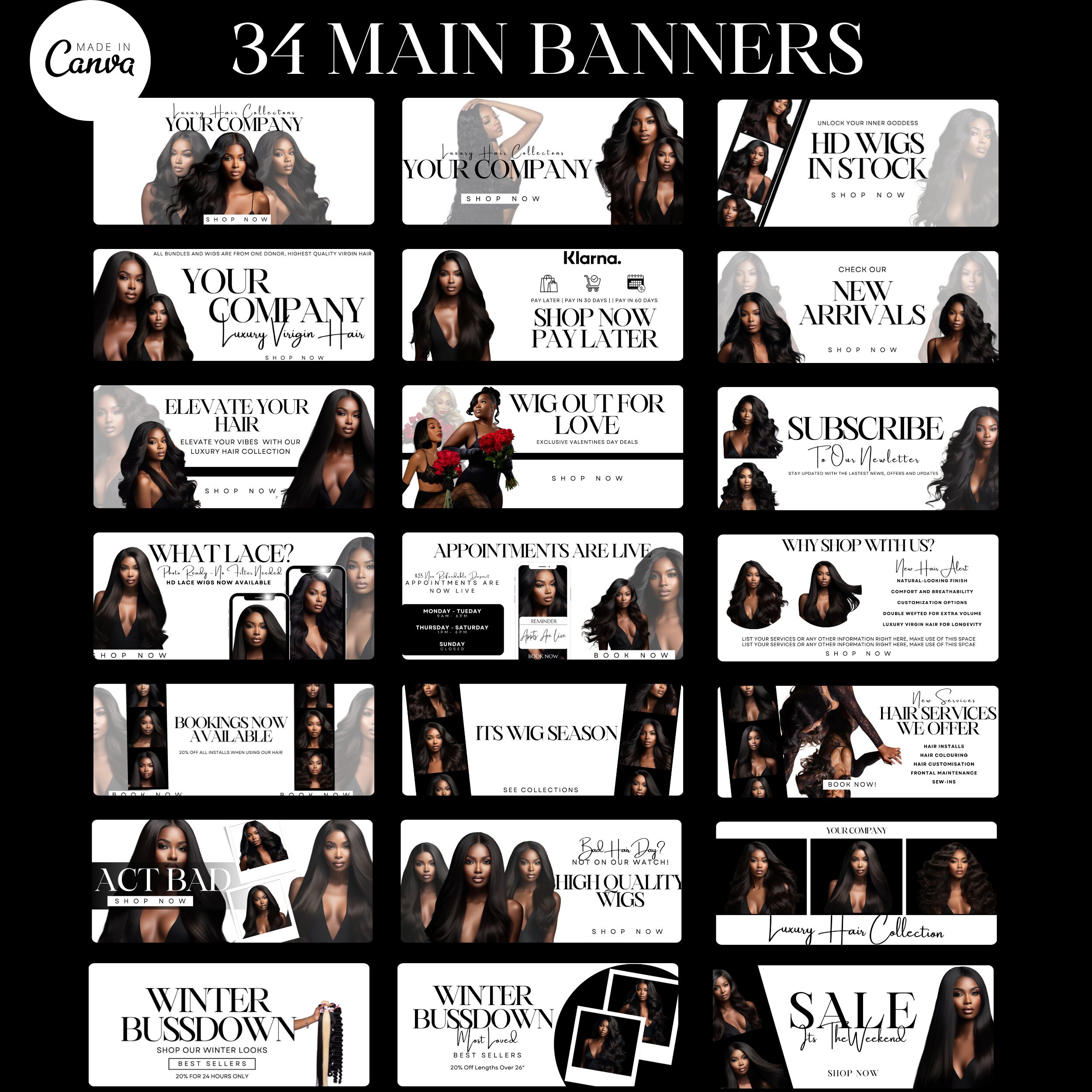 DIY Hair Website Banner Set 62 Pcs Mega Bundle Shopify Hair Extensions ...