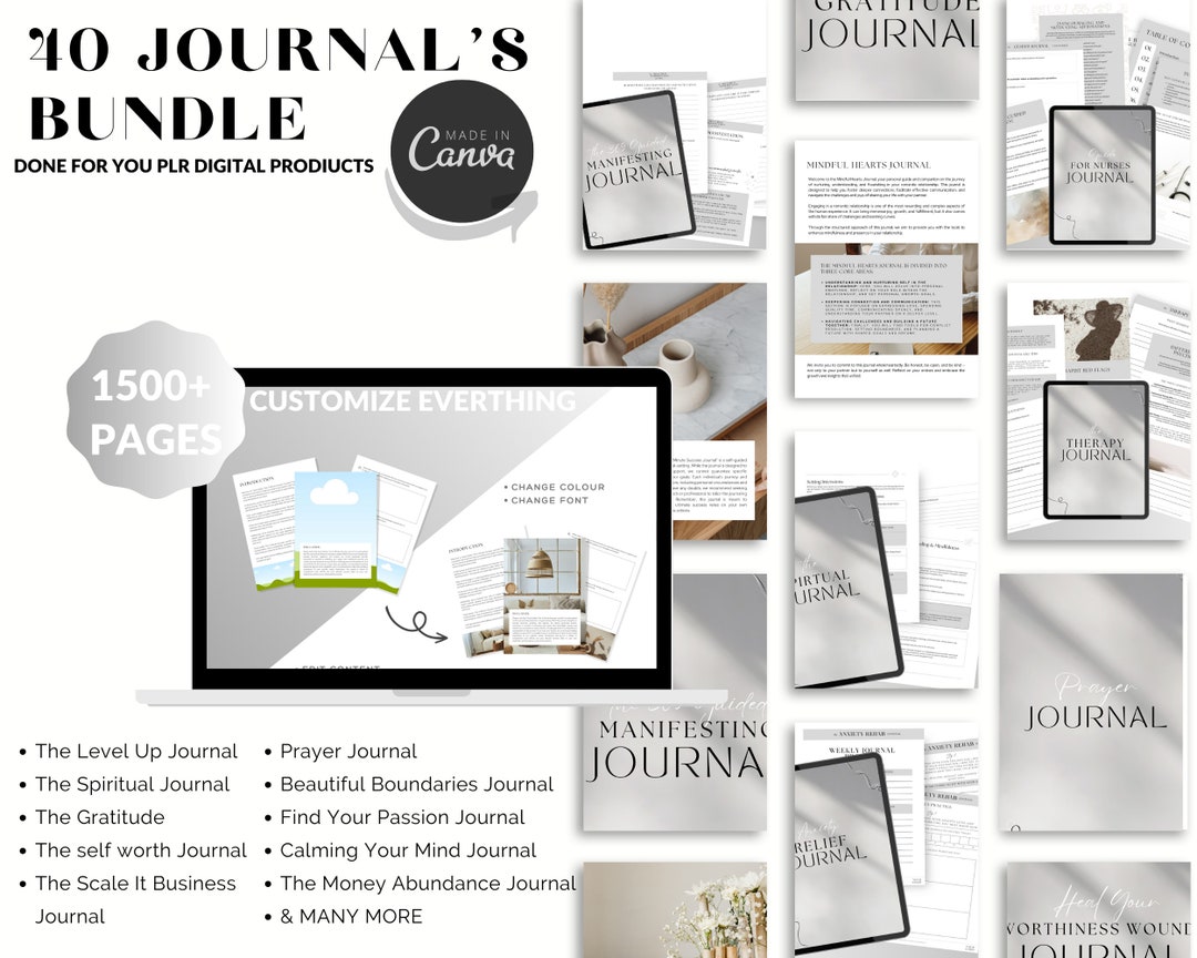 Journal Planner Bundle, PLR Bundle, Journal Prompts, Canva Template ...