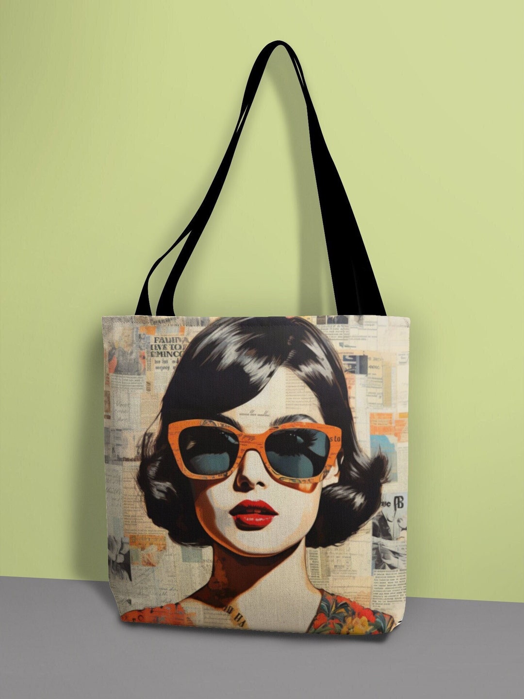 Retro Collage Tote Bag - Vintage All-over Print #2 - 3 Sizes (S, M, L ...
