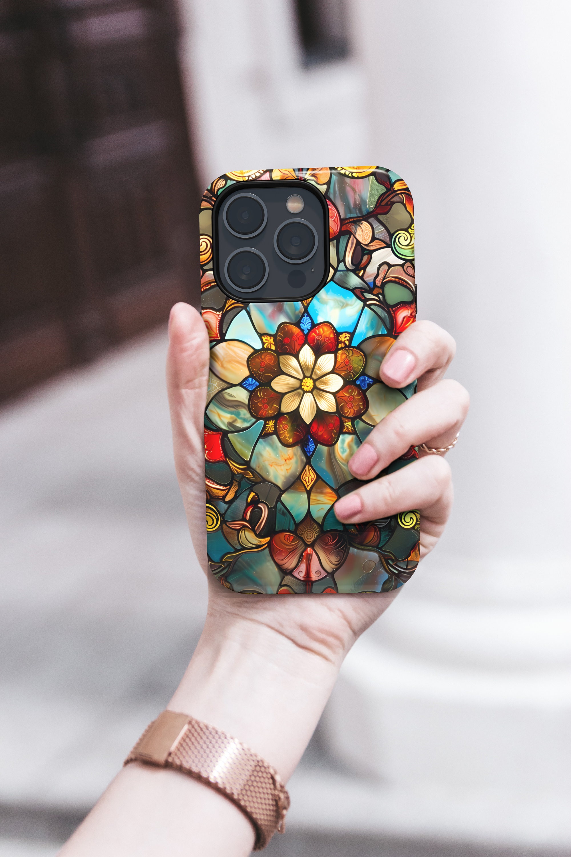 Personalized Botanical Elegance Stained Glass Phone Case Floral Mosaic ...