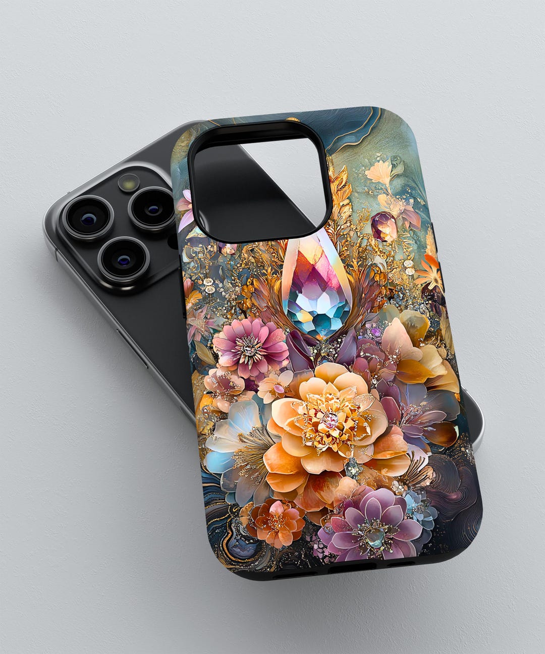 Vintage Botanical Floral Crystal Gemstone Phone Case | iPhone 16 15 14 ...