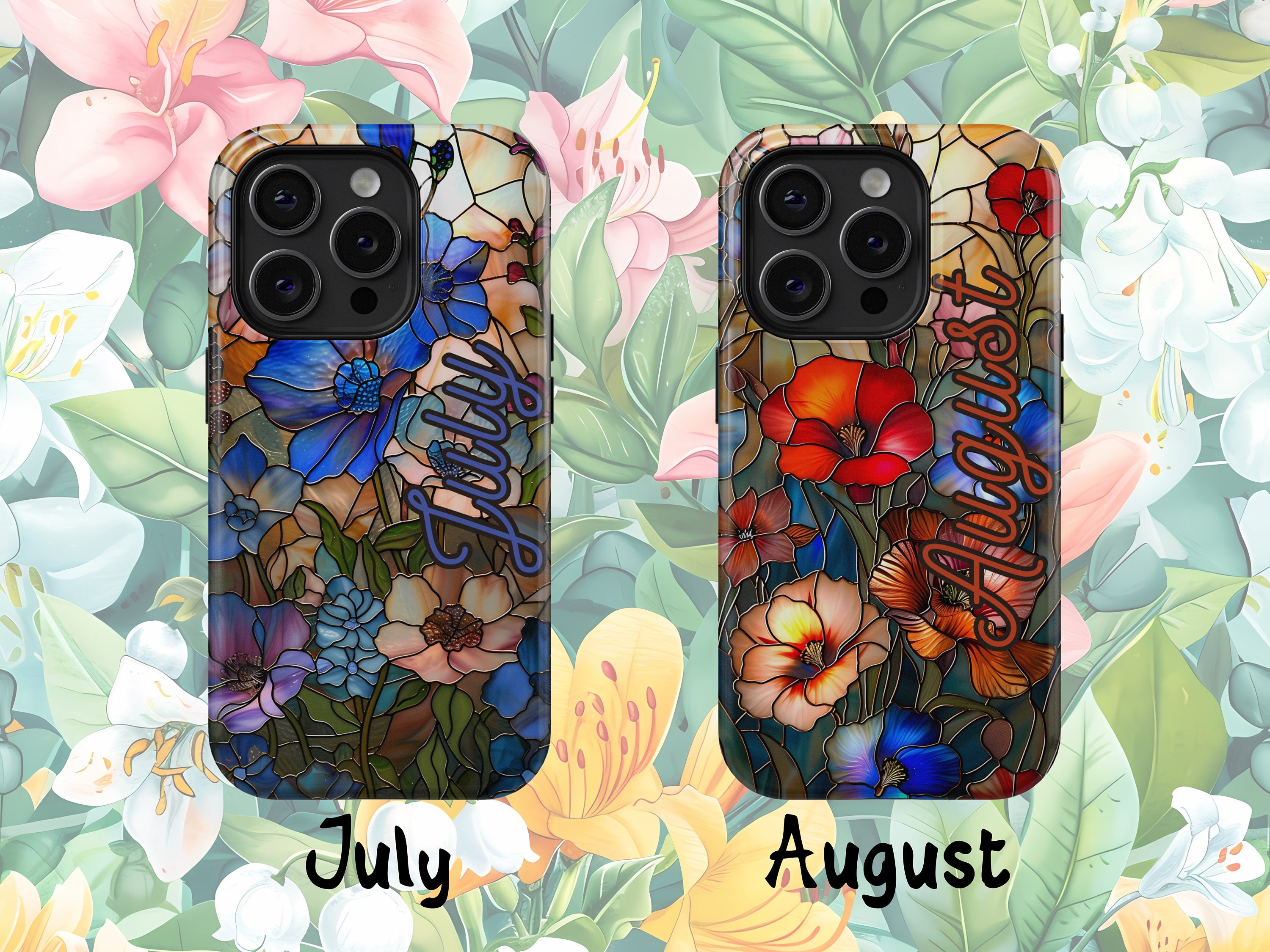 Personalized Birth Flower Stained Glass Phone Case Floral Mosaic Cover ...