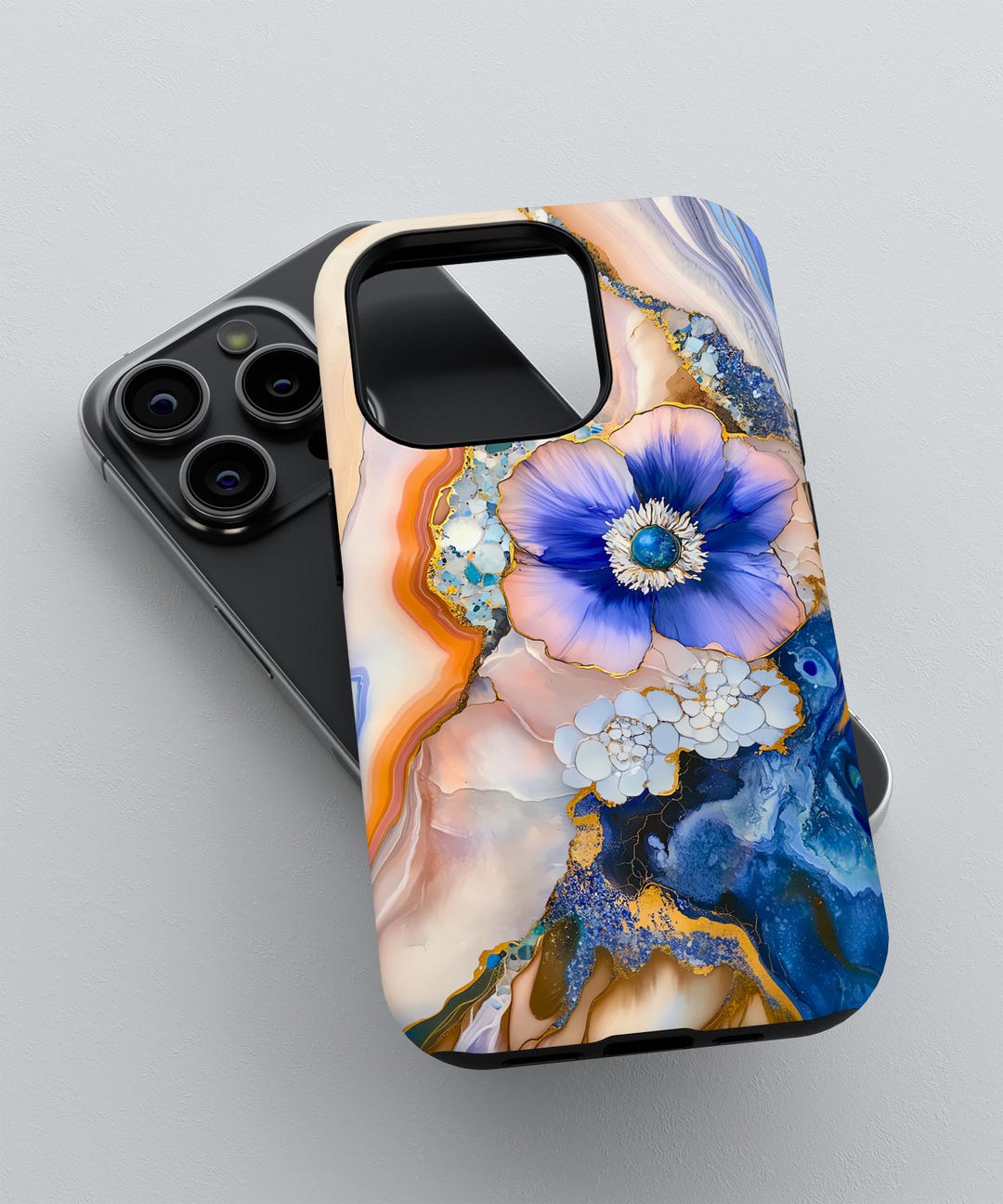 Blue Floral Geode Phone Case: Vibrant Gold Accent Art - Etsy