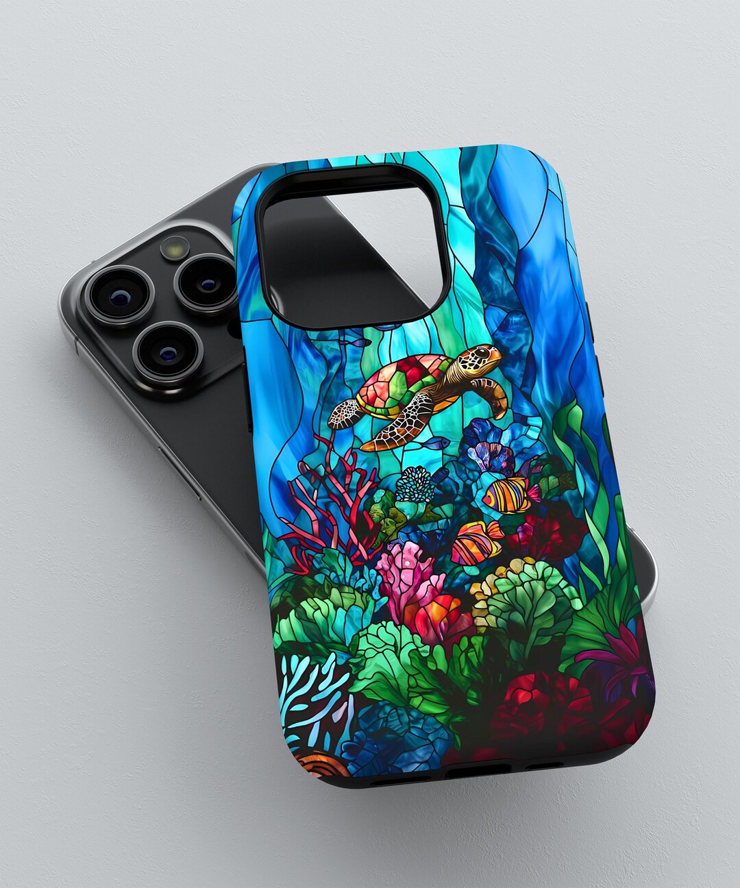 Sea Turtle Coral Reef Faux Stained Glass Phone Case | iPhone 15 14 13 ...