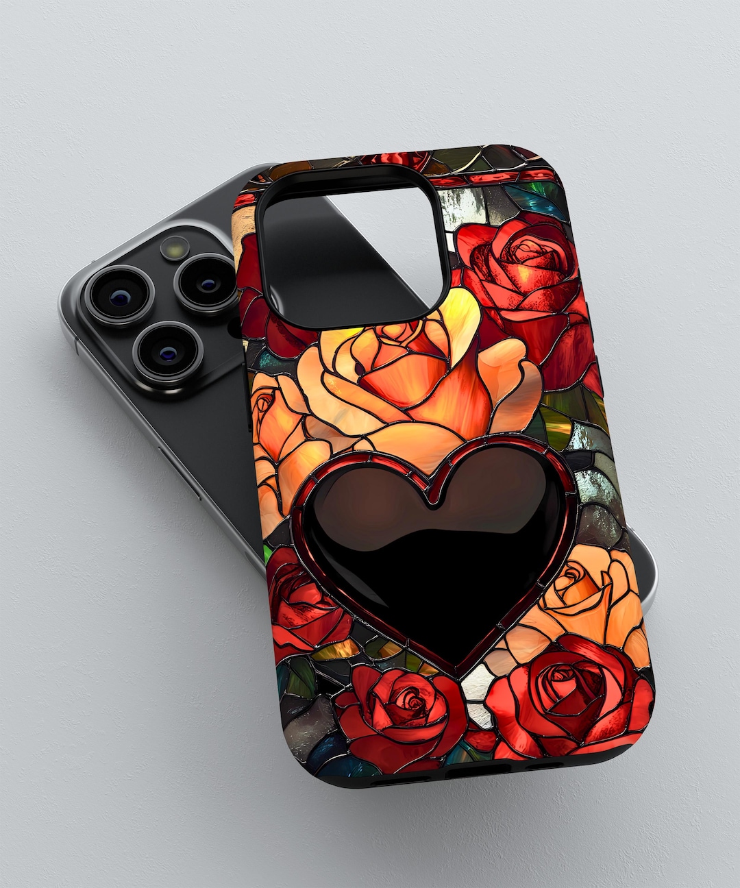 Stained Glass Heart & Rose Phone Case: Elegant Floral Design - Etsy