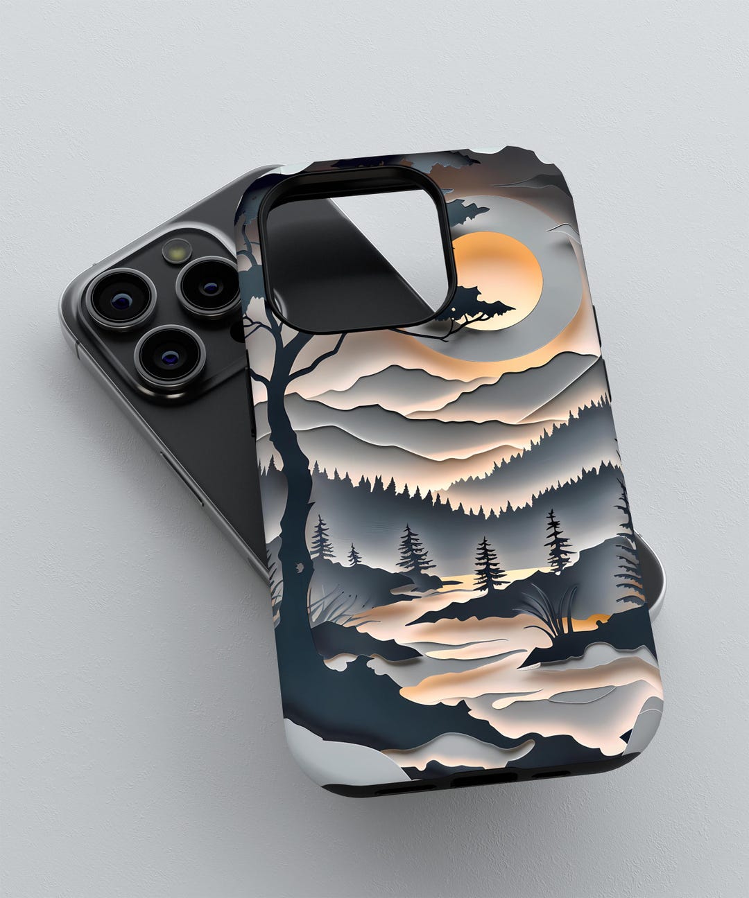 Serene Mountain Nightfall Layered Paper Phone Case | iPhone 16 15 14 13 ...