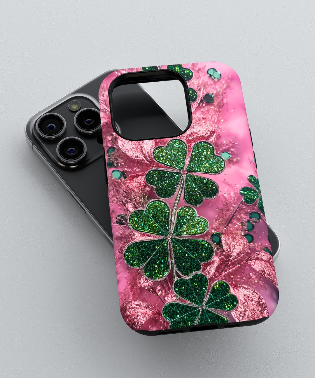 Pink Sparkle Faux Glitter Shamrock Phone Case | iPhone 16 15 14 13 12 ...