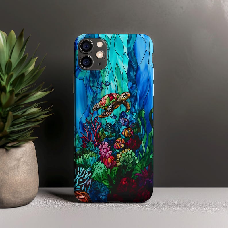 Sea Turtle Coral Reef Phone Case: Faux Stained Glass Design - Etsy