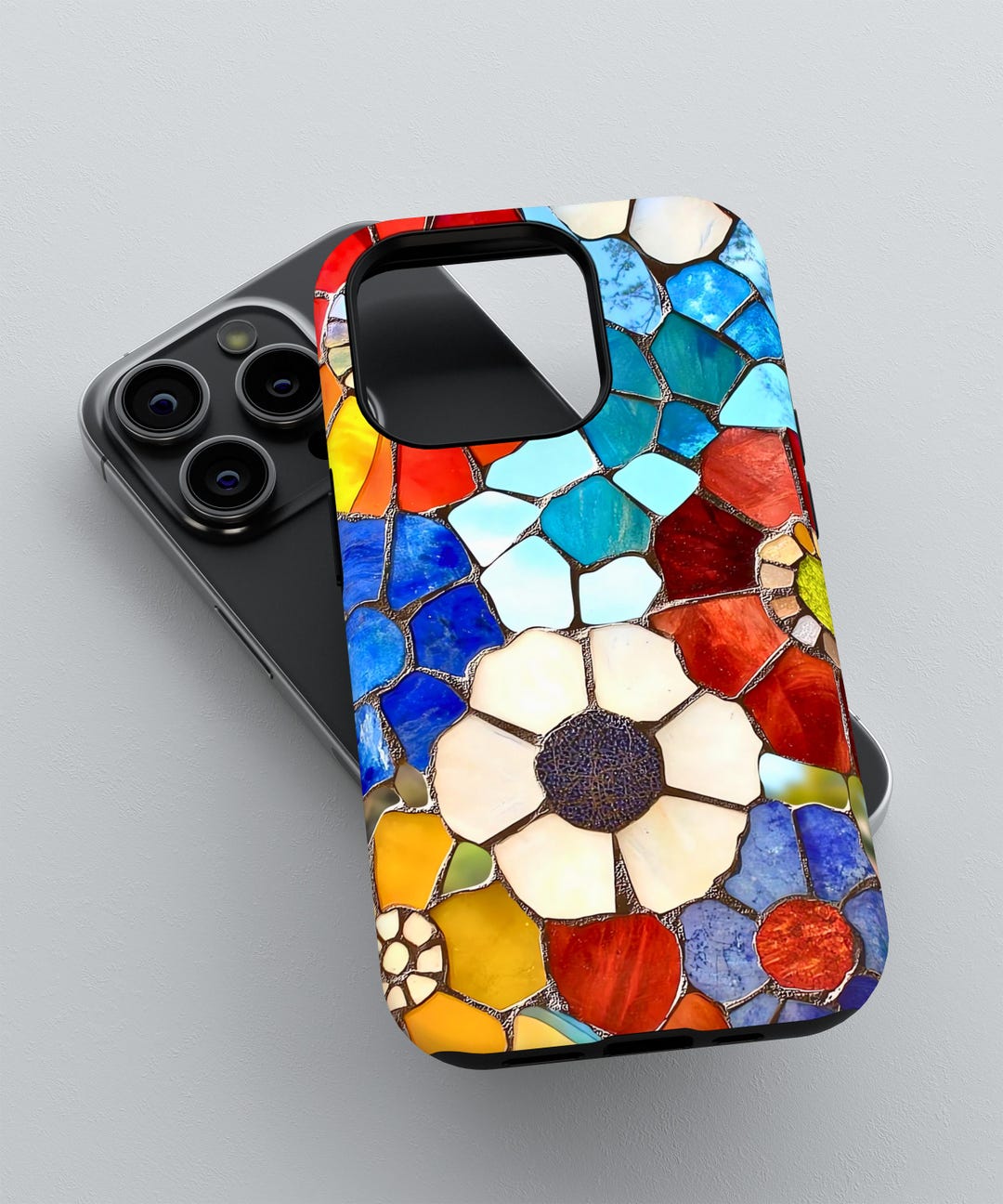 Colorful Stained Glass Floral Mosaic Phone Case | iPhone 16 15 14 13 12 ...