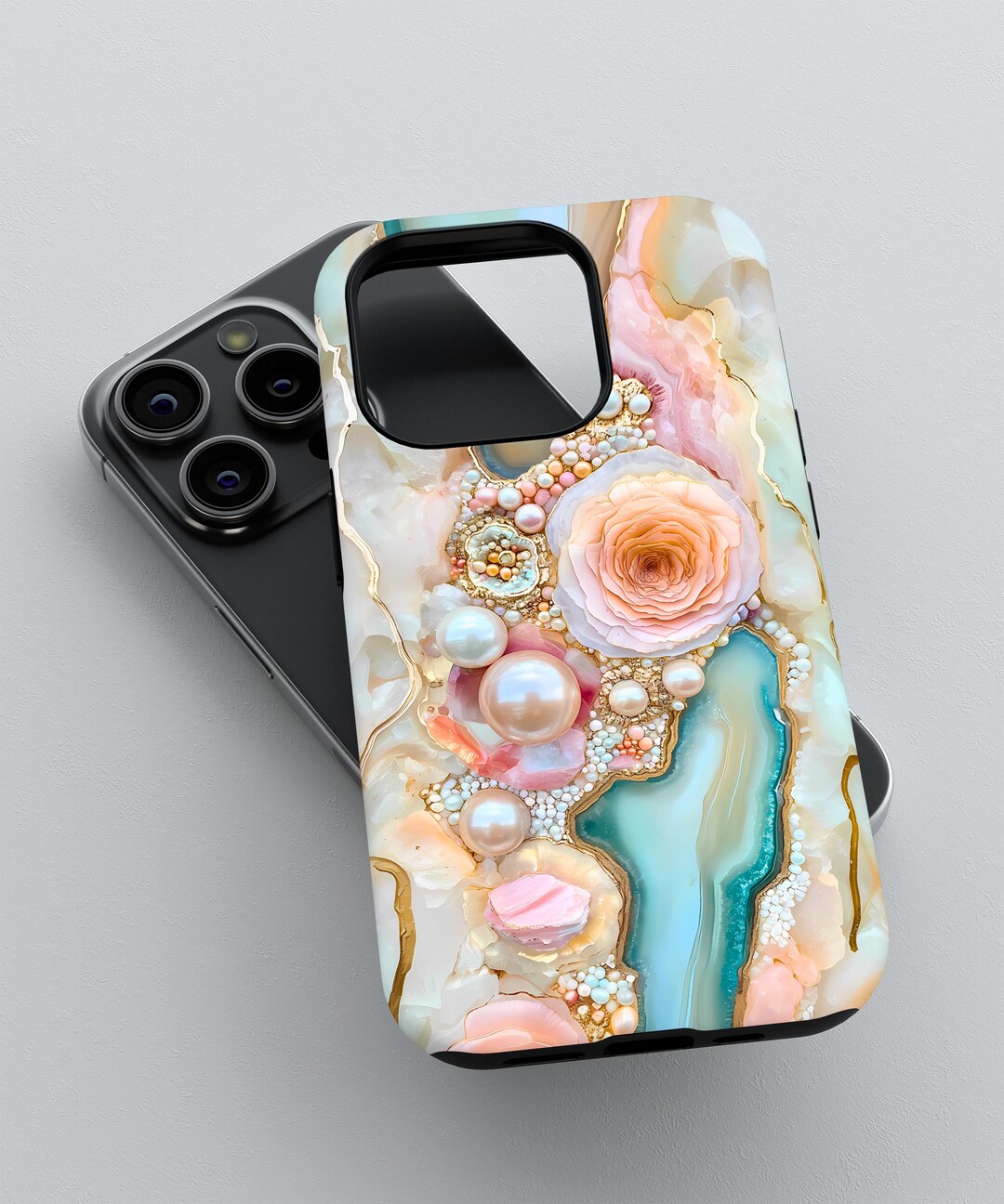 Floral Geode Phone Case: Elegant Rose, Pearl & Gold Design - Etsy