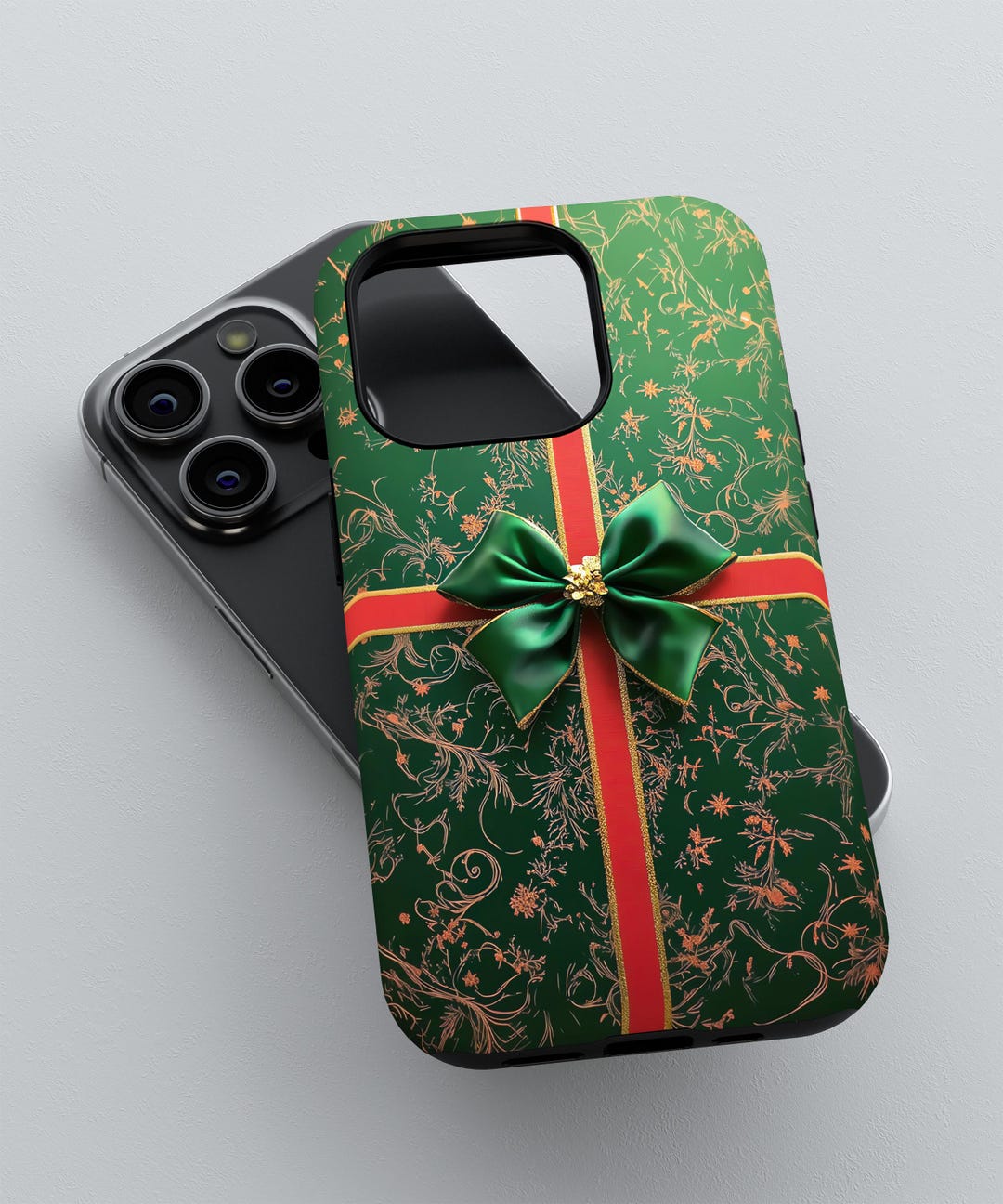 Green & Gold Festive Holiday Gift Wrap Phone Case | iPhone 16 15 14 13 ...