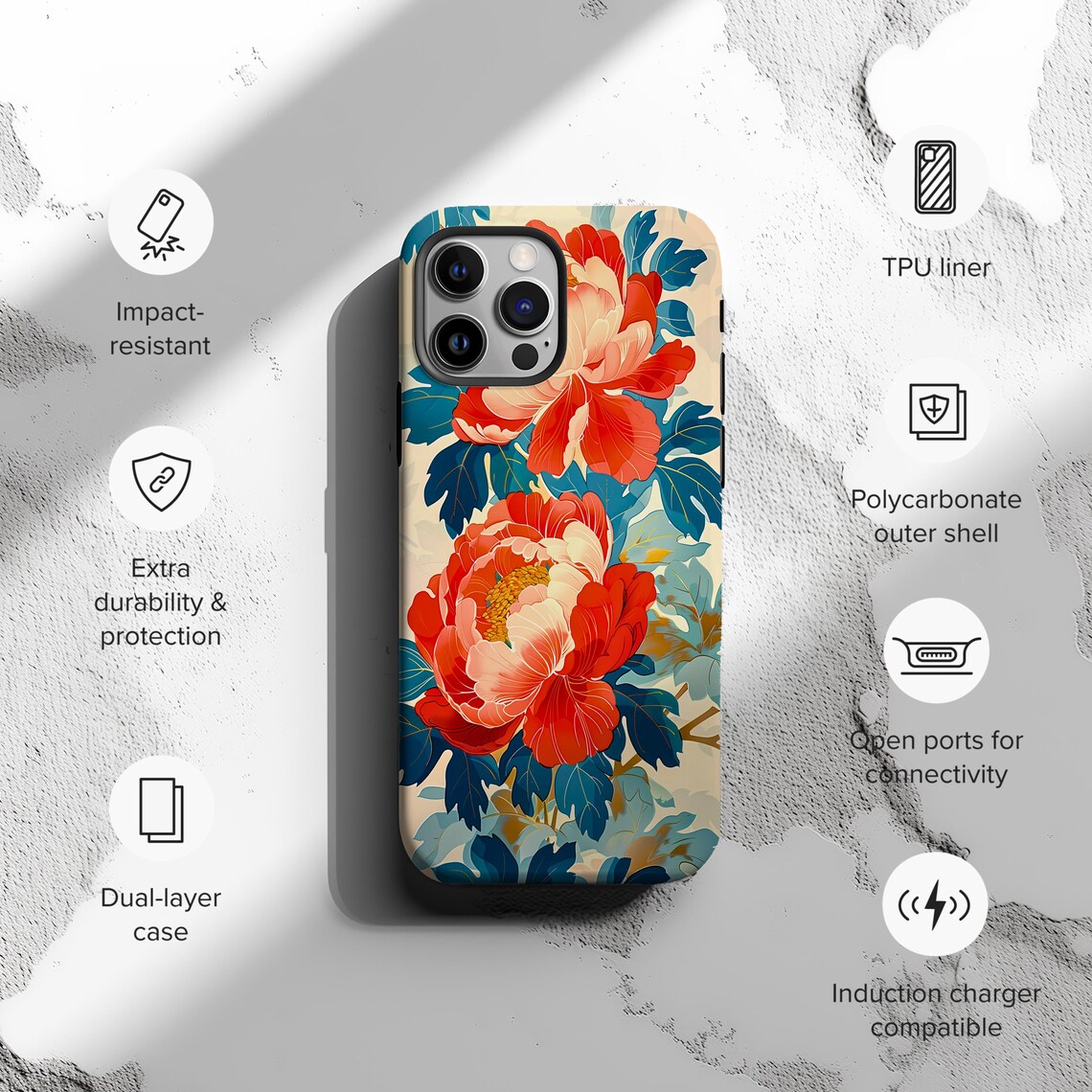 Vintage Red Peony Floral Phone Case | iPhone 16 15 14 13 12 11 Pro Max ...