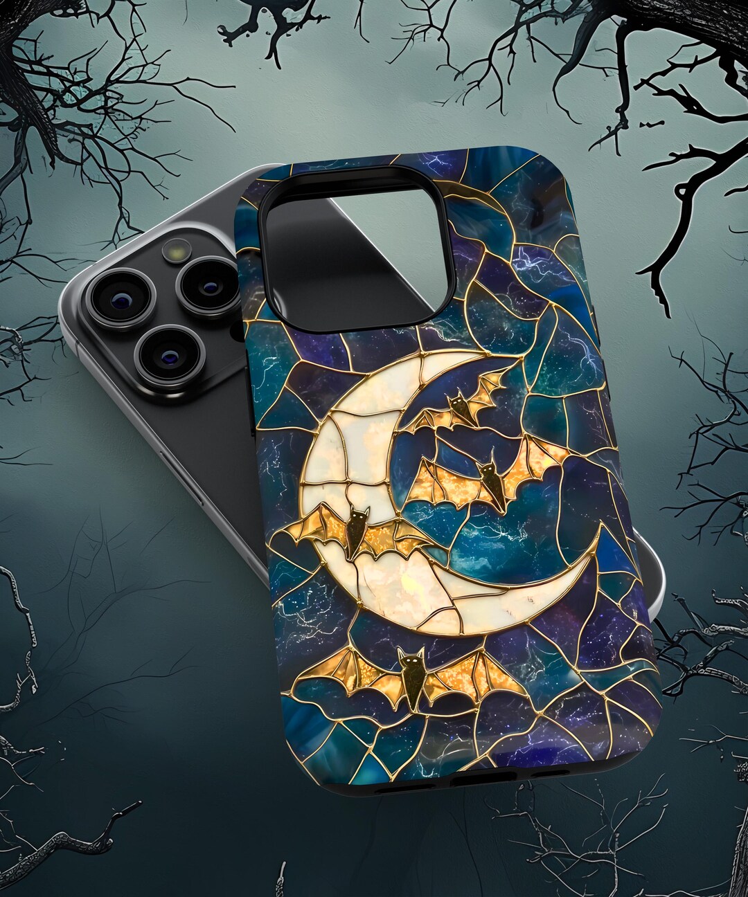 Halloween Celestial Bats Faux Stained Glass Phone Case | iPhone 16 15 ...