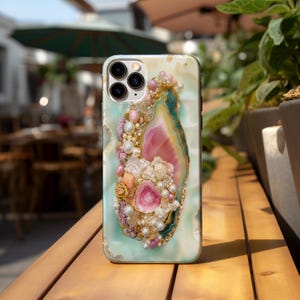 Luxury Geode Pearl Pink & Green Agate Phone Case | iPhone 16 15 14 13 ...