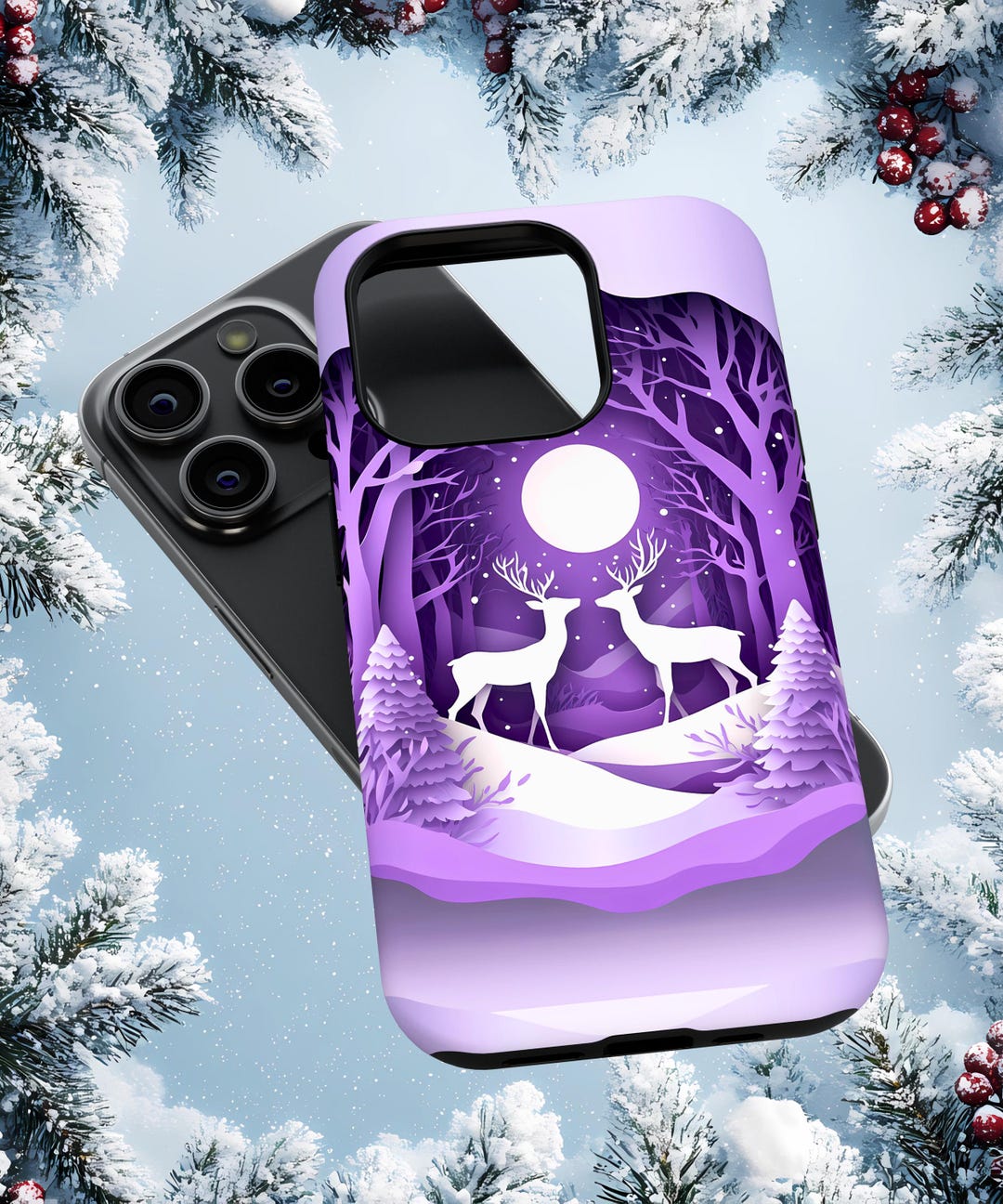Purple Winter Reindeer Phone Case: Holiday Deer Art - Etsy