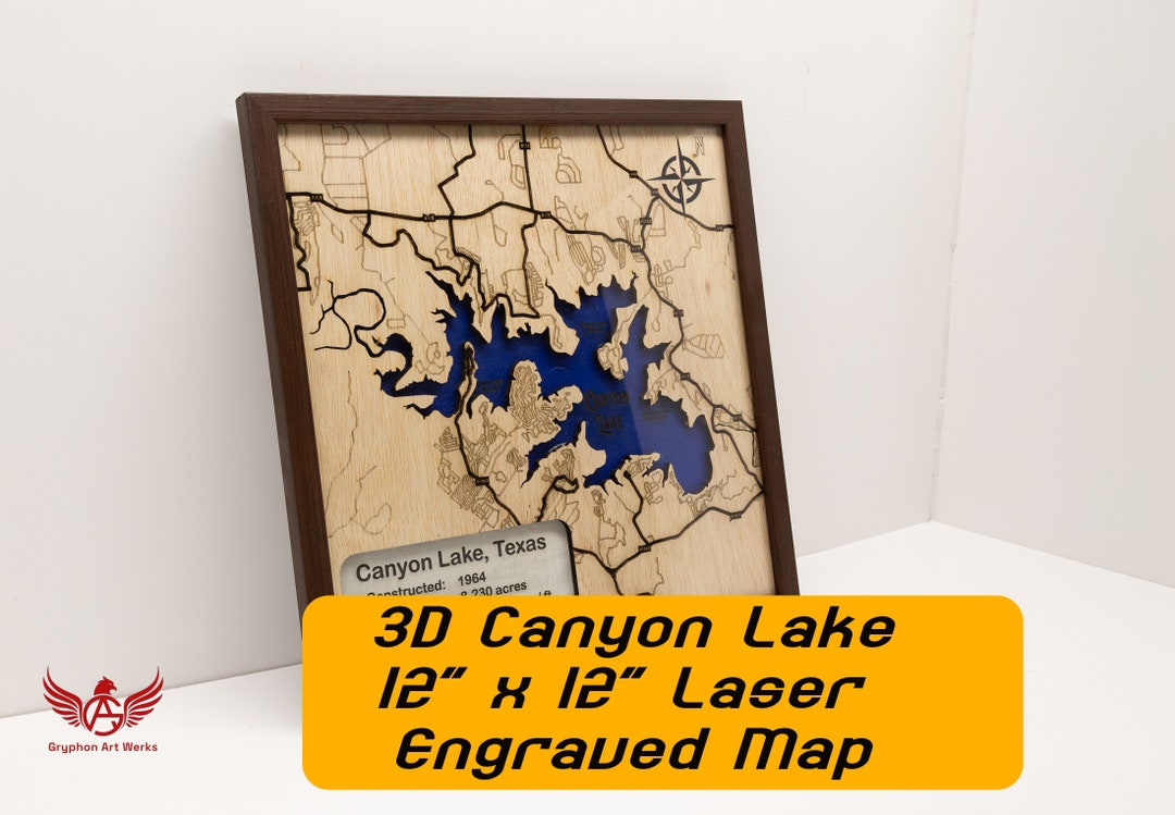 Canyon Lake Layered Lake Map, 12" X 12" Glass Framed Wooden 3D Layered ...