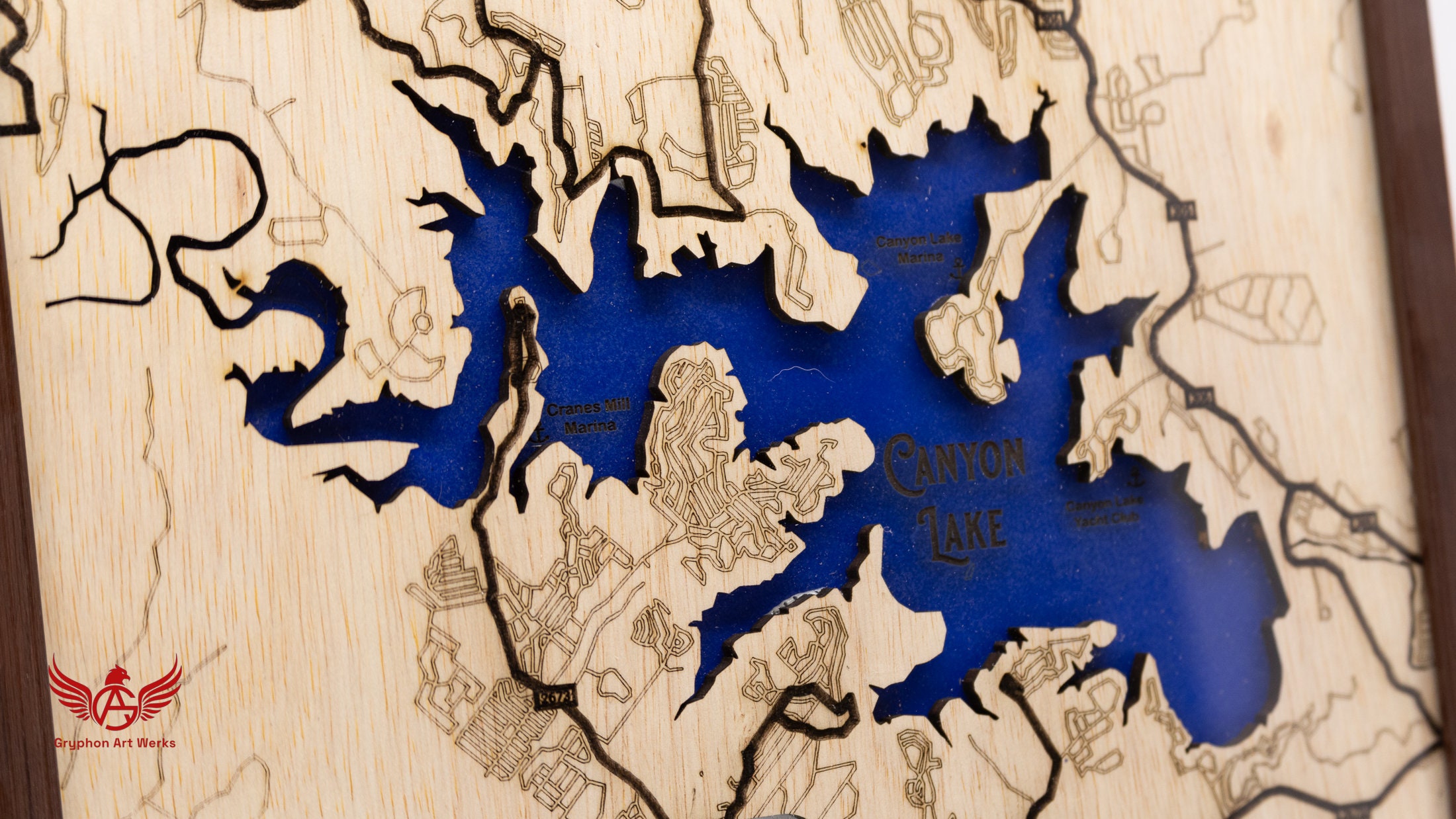 Canyon Lake Layered Lake Map, 12" X 12" Glass Framed Wooden 3D Layered ...