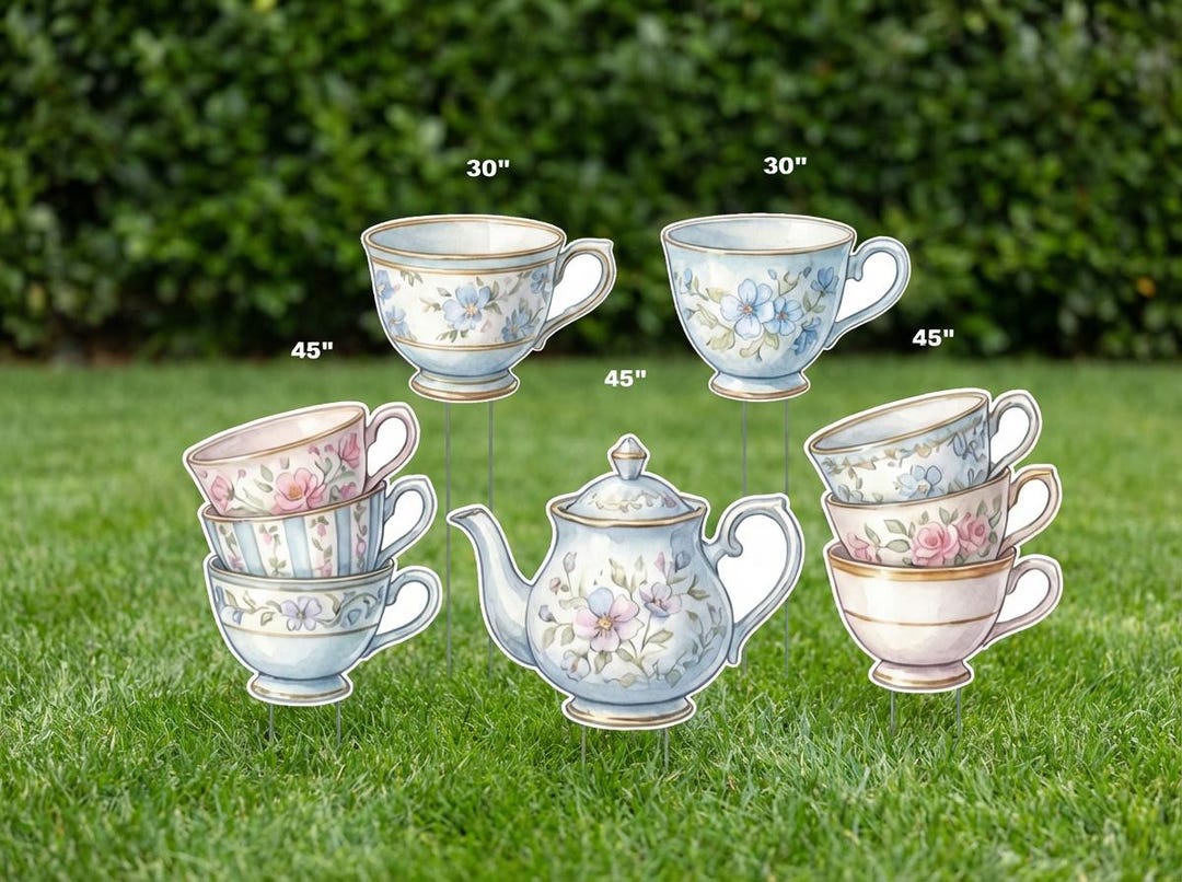 Blue Tea Party Cutouts Teacup Stack Teapot Watercolor Decor, Babyshower ...