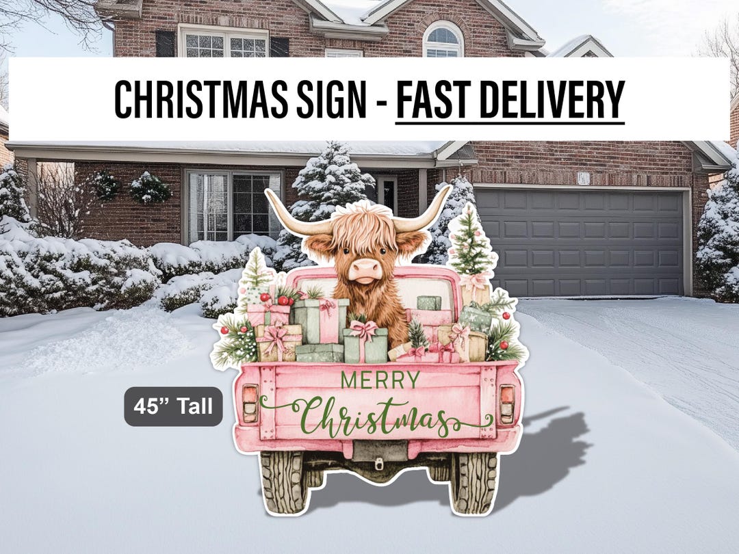 Pink Christmas Highland Cow Yard Art Lawn Signs, Yard Sign, Shaggy Cow ...