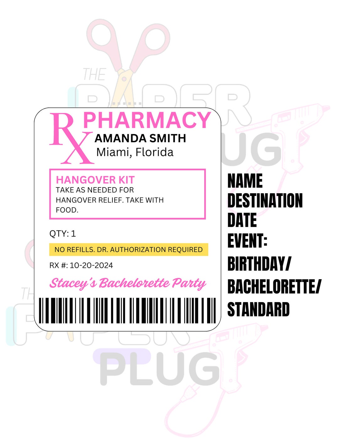 Hangover Recovery Kit, Pill Bottles, Rx Pharmacy Hangover Kits (set of ...