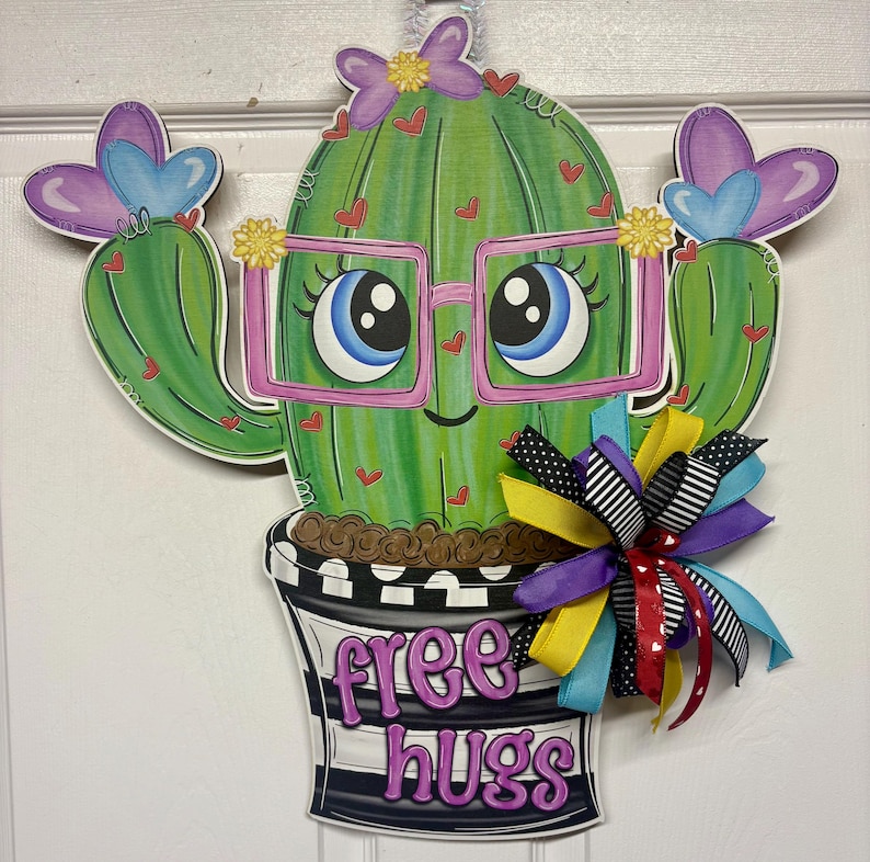 Free Hugs Cactus Wreath, Cute Summer Door Hanger, Kawaii Succulent ...