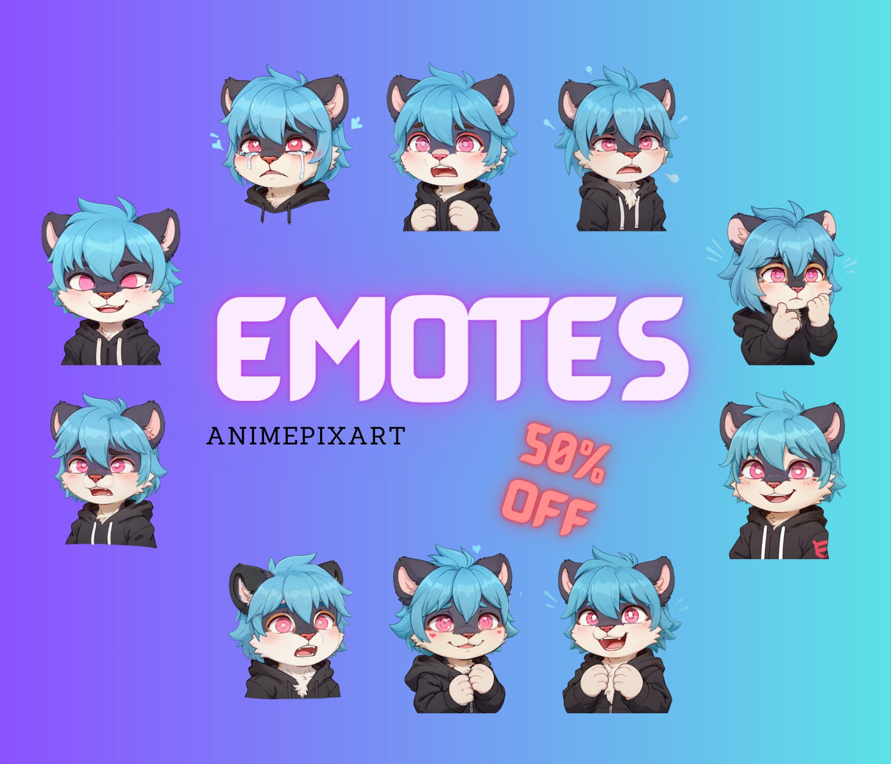 Chibi Blue Haired Panther Furry Twitch Emotes Set of 10 Cute Furry ...