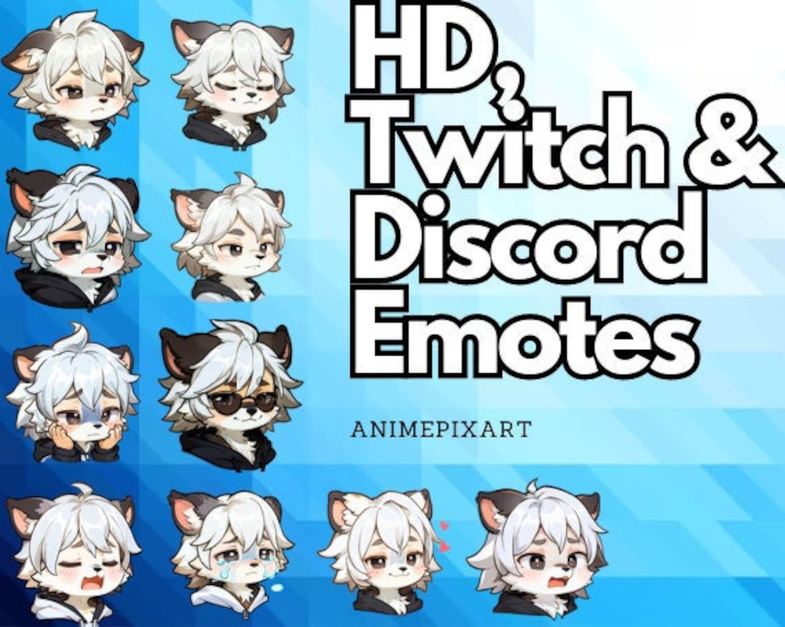 Chibi White Haired Fox Furry Twitch Emotes Set of 10 Cute Furry Twitch ...
