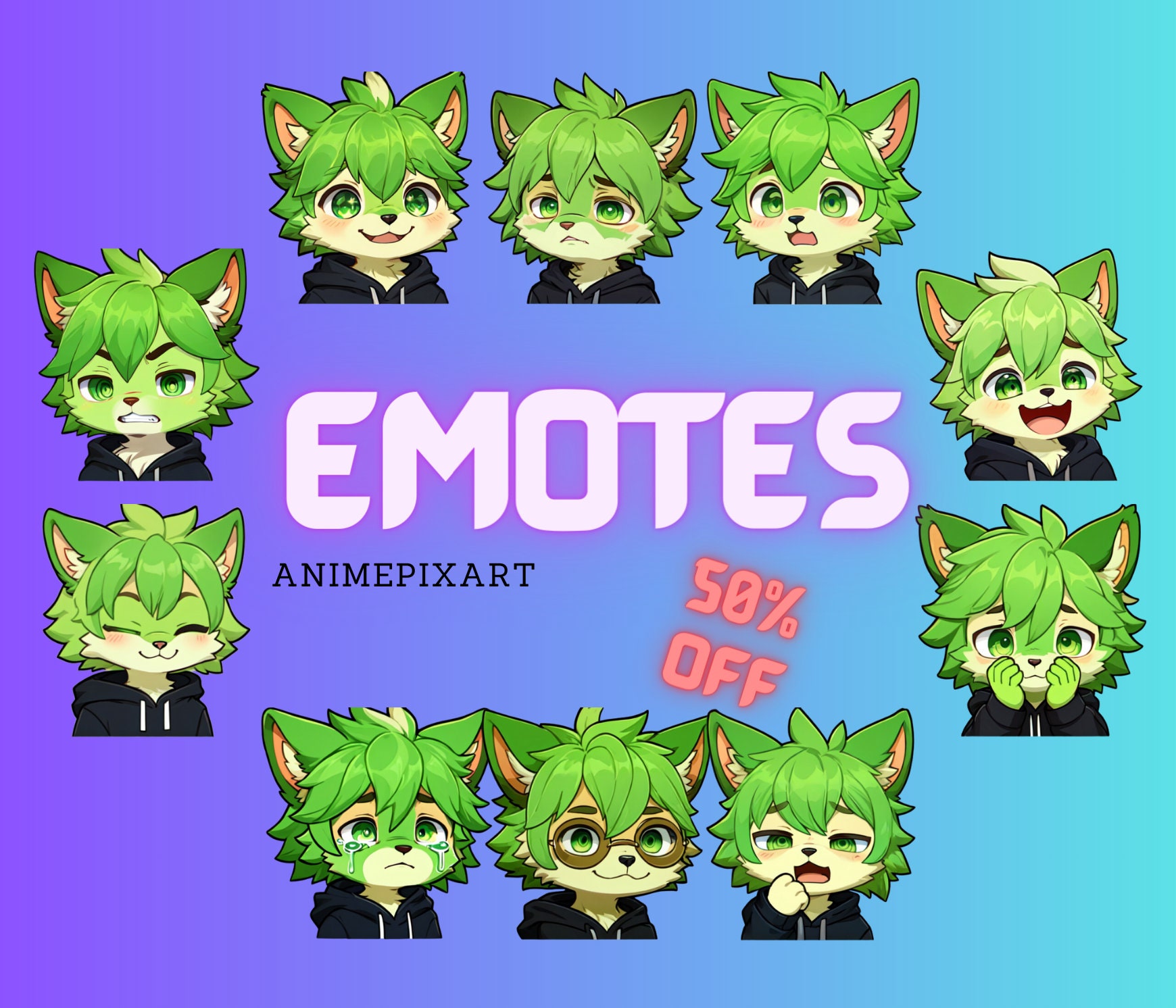 Chibi Green Cat Furry Twitch Emotes Set of 10 Cute Furry Twitch Emotes ...