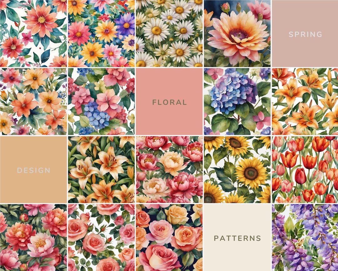 Floral Digital Patterns - 16 Designs - Watercolour Floral Patterns ...