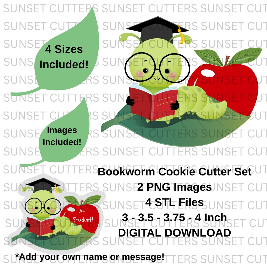 Bookworm PNG and STL Cookie Cutter Set, STL Cutters, Stl Cookie Cutter ...