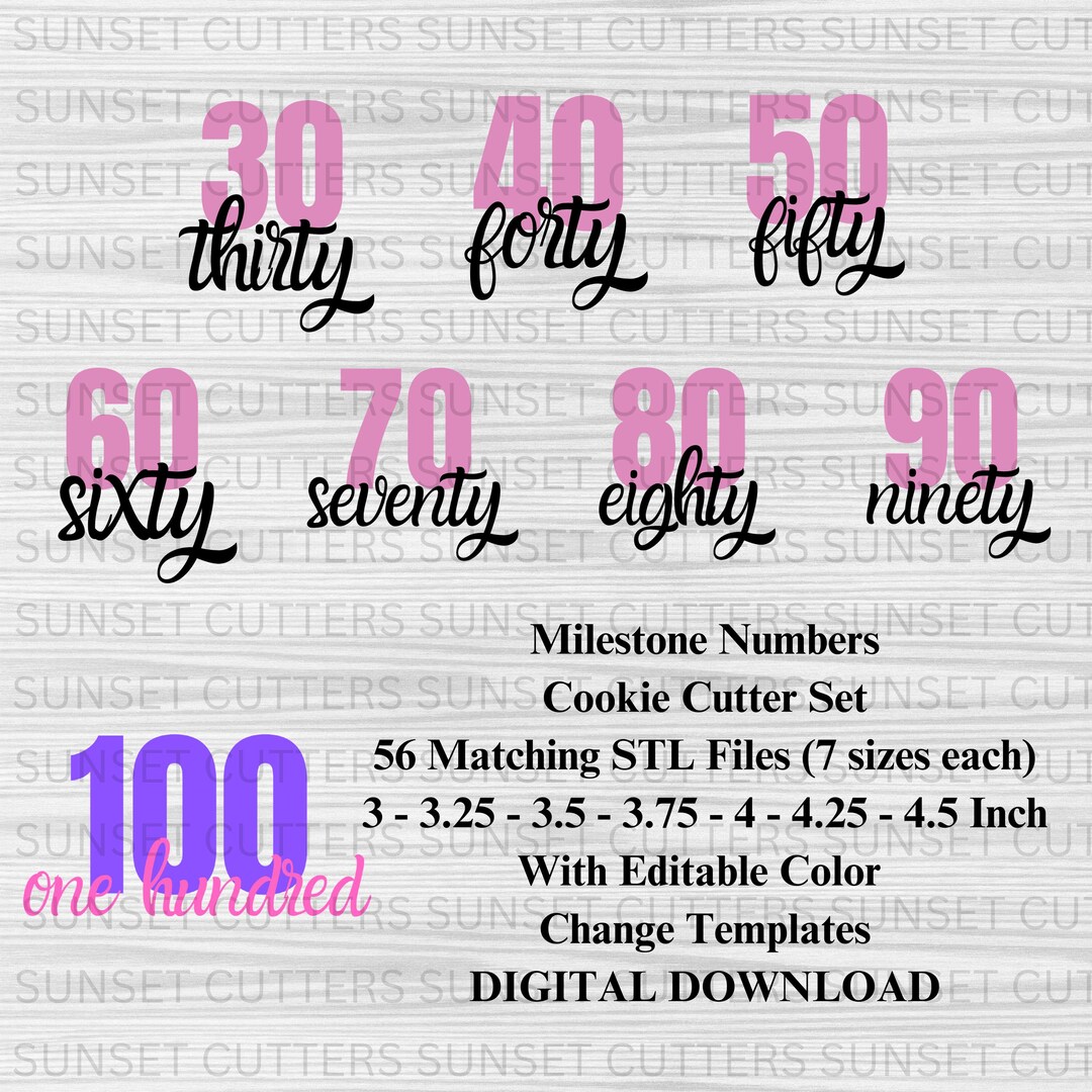 Milestone Number 30, 40, 50, 60, 70, 80, 90, 100, Cookie Cutters ...