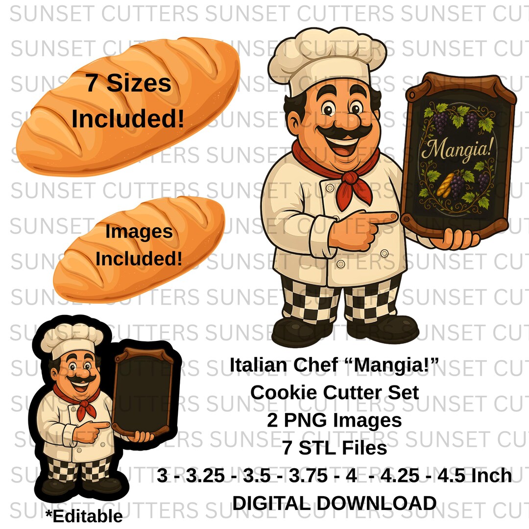 Italian Chef PNG and STL Cookie Cutter Set, Italy Clipart, Mangia Png ...
