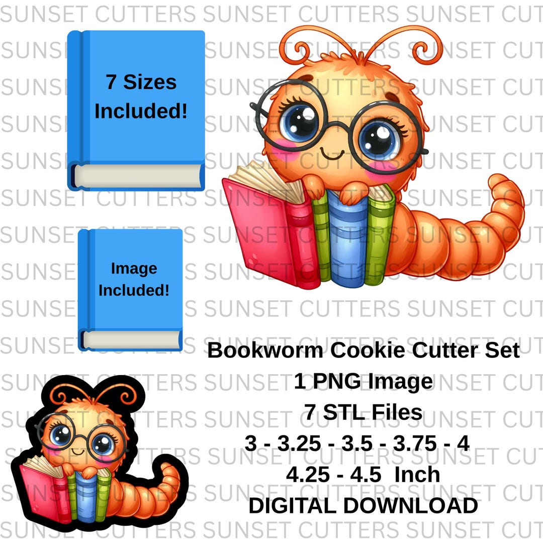Bookworm PNG and STL Cookie Cutter Set, Bookworm Png, Bookworm Stl ...