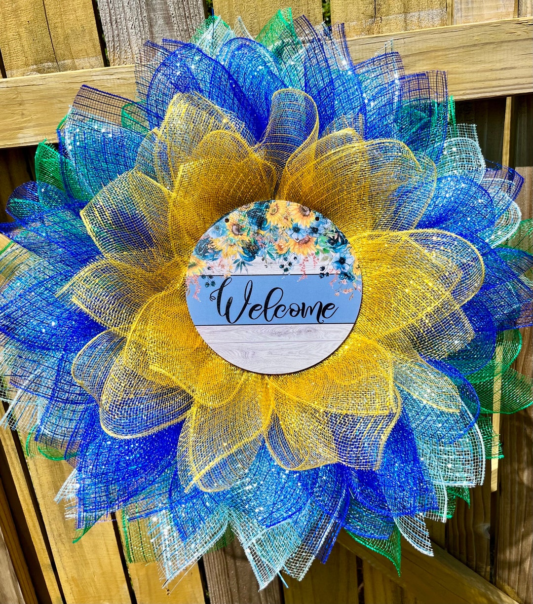 Blue and Yellow Welcome Deco Mesh Flower Wreath - Etsy