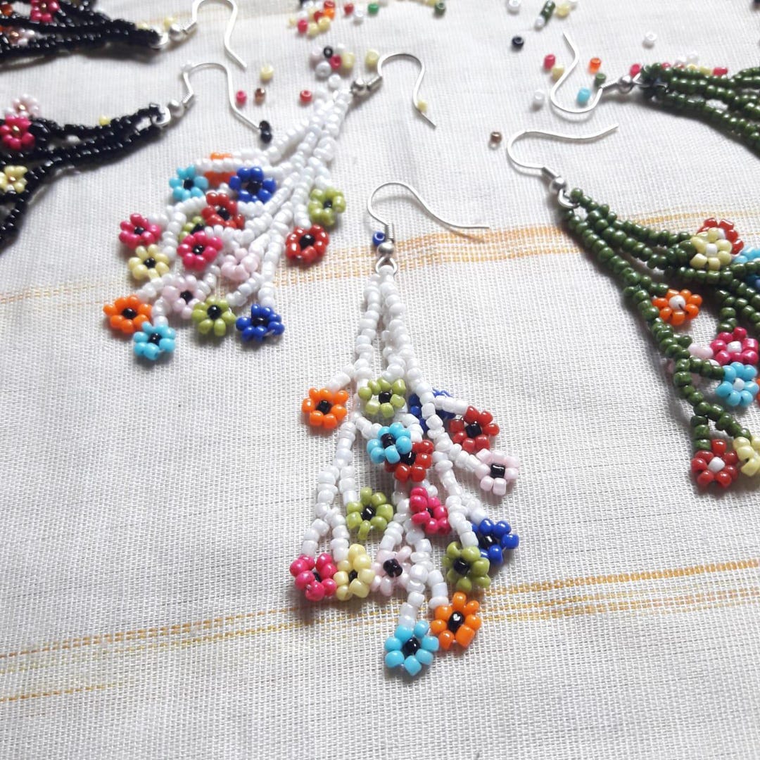 Customised Bunch of Seed Bead Flowers Earrings Long Fringe Earrings ...