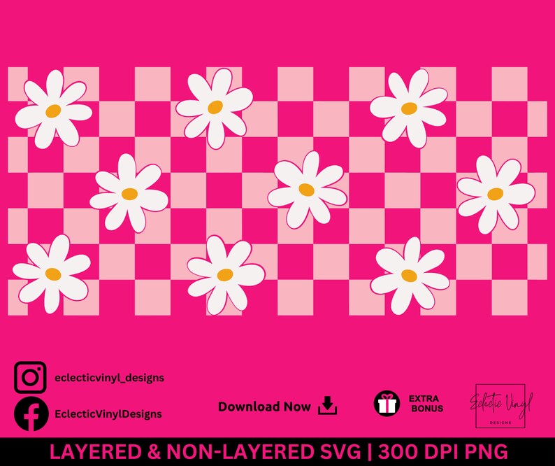 Checkered Daisies Libbey Cup Wrap SVG PNG, 16oz Glass Can, Pink Daisy ...