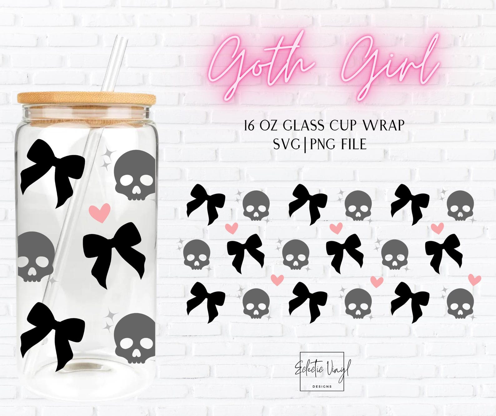Cute Goth Libbey Glass Wrap SVG PNG | Kawaii Skull & Bow Libbey Can ...