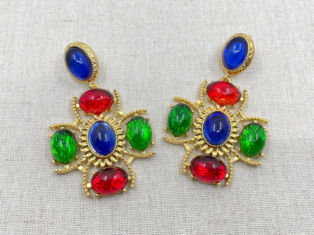 Multi Colorful Drop Earrings - Statement Jewelry - Large Vintage Style ...