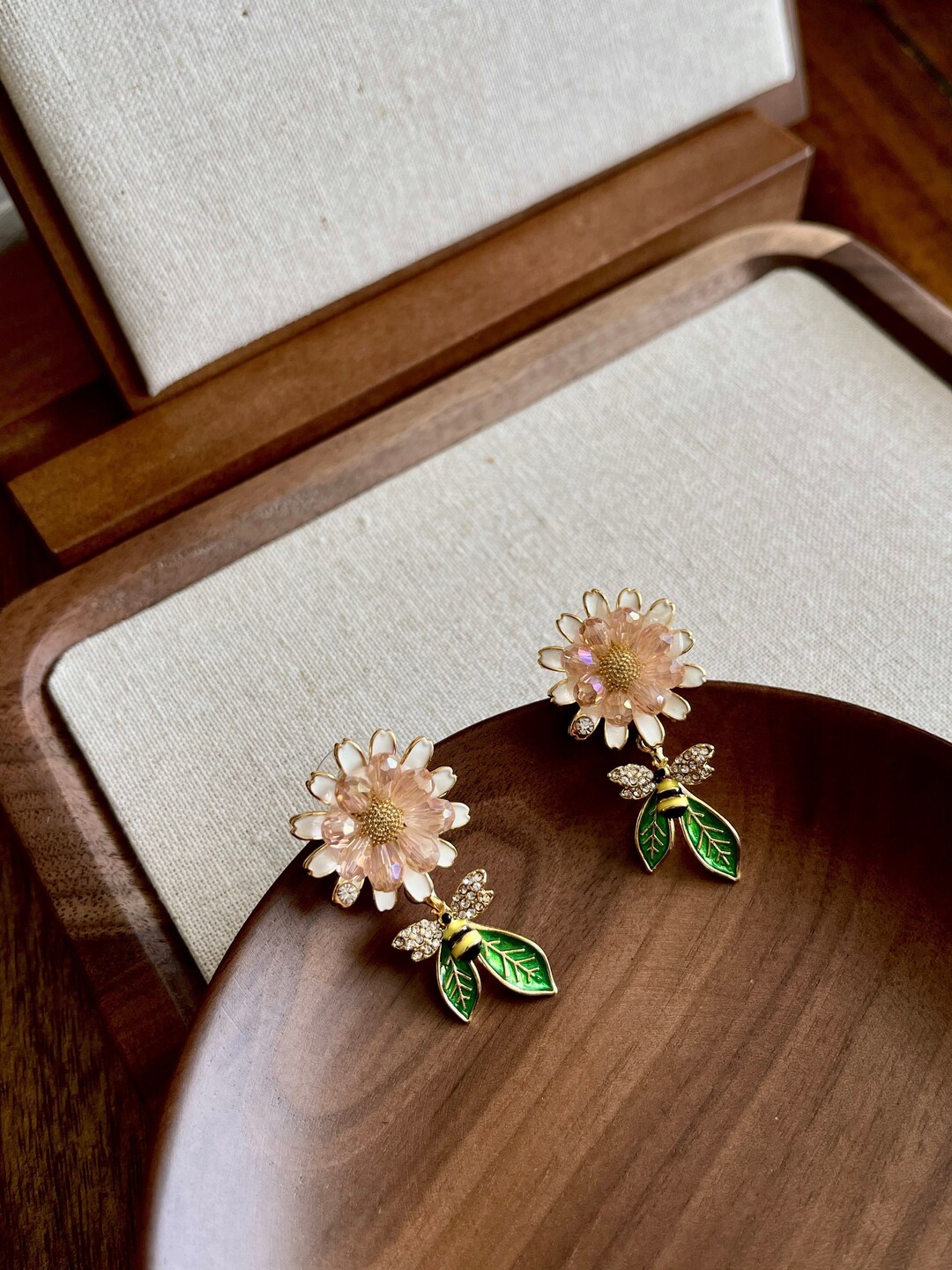 Bee Gathering Nectar Drop Earrings Enamel Green Leaf Drop Earrings Pink ...