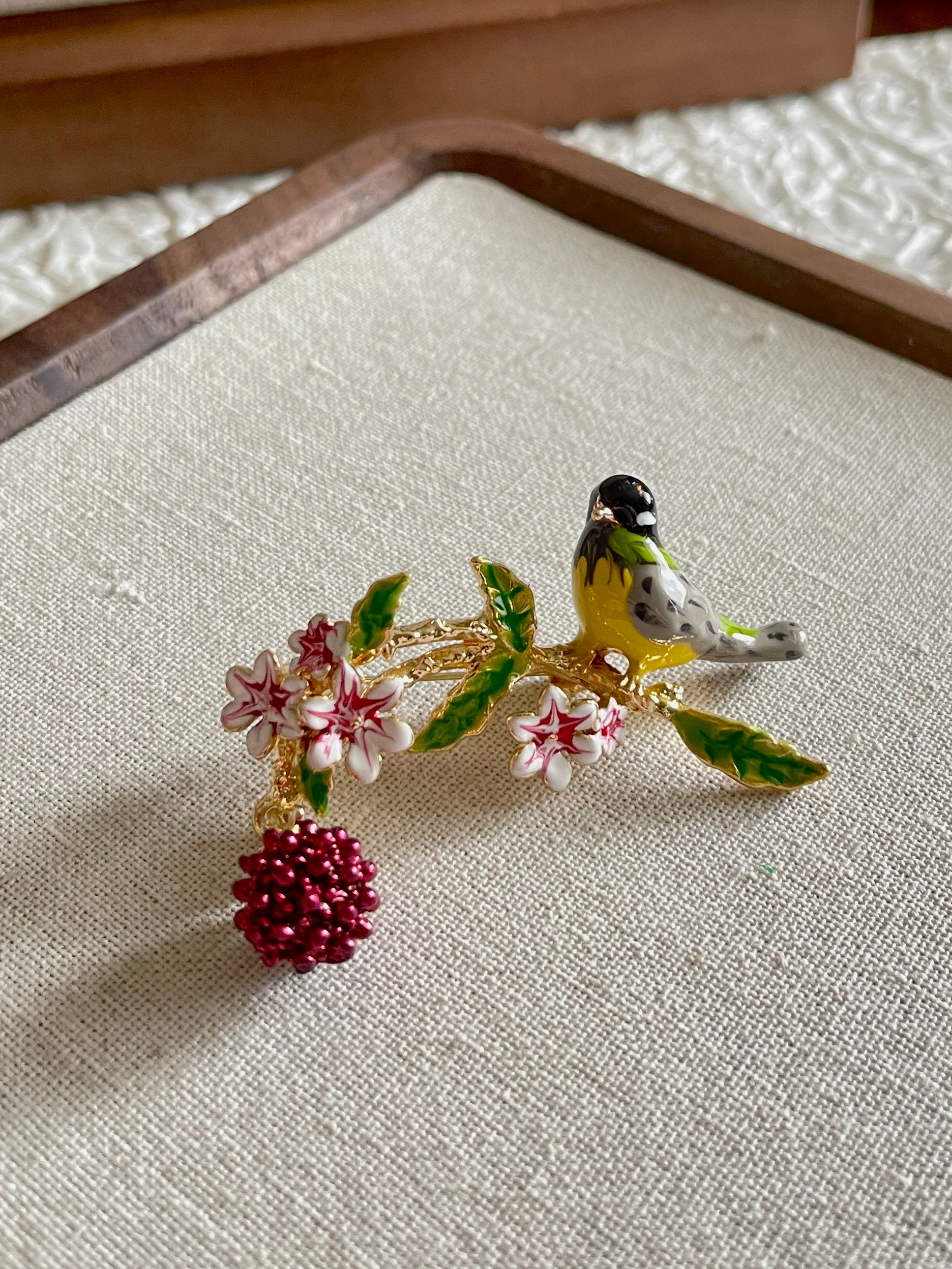 Bird and Flower Brooch Yellow Bird Brooch Pink Flower Brooch Gift for ...