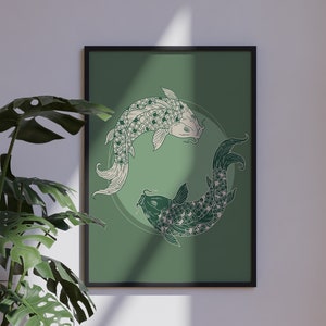 Boho Koi Fish Wall Art Green Cream, Boho Home Decor, Animal Prints ...