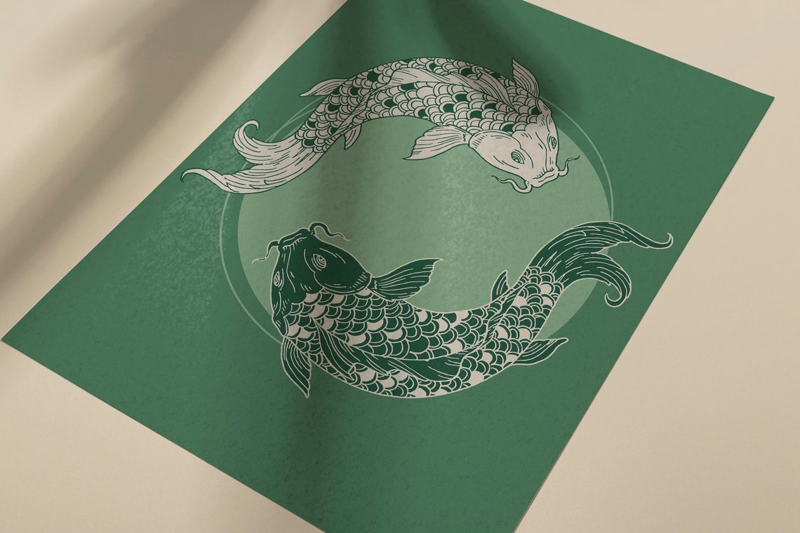 Boho Koi Fish Wall Art Green Cream, Boho Home Decor, Animal Prints ...