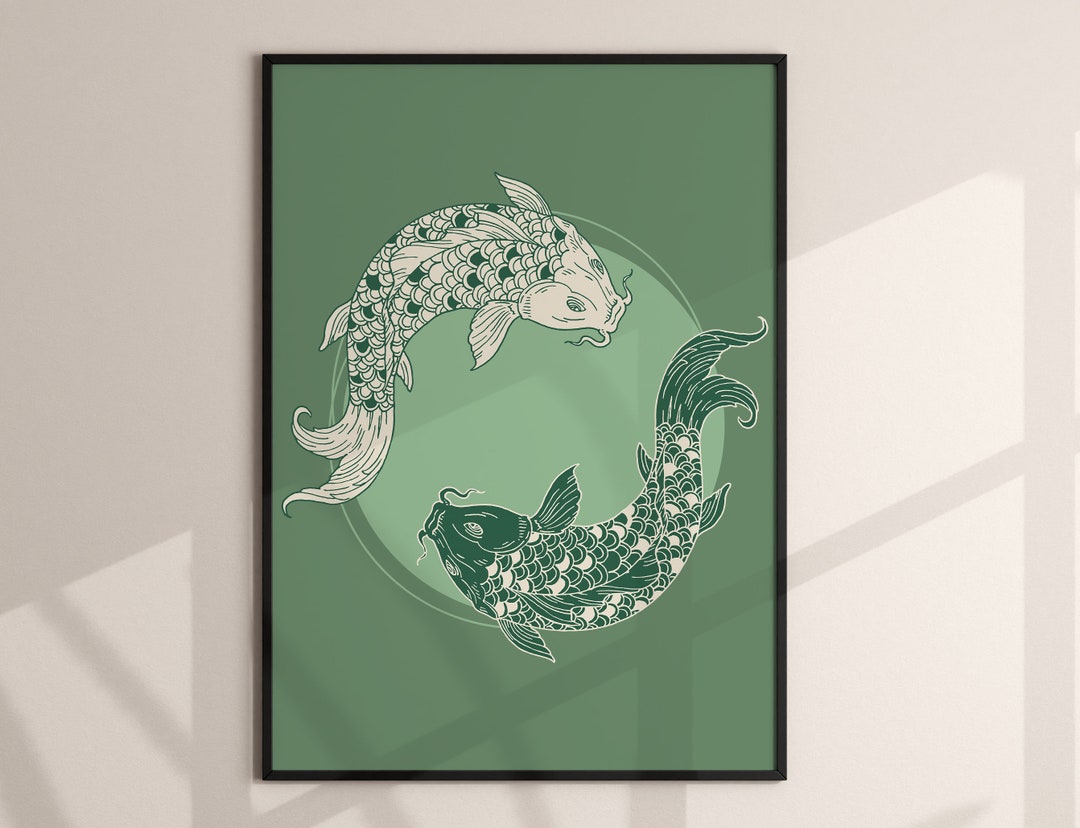 Boho Koi Fish Wall Art Green Cream, Boho Home Decor, Animal Prints ...