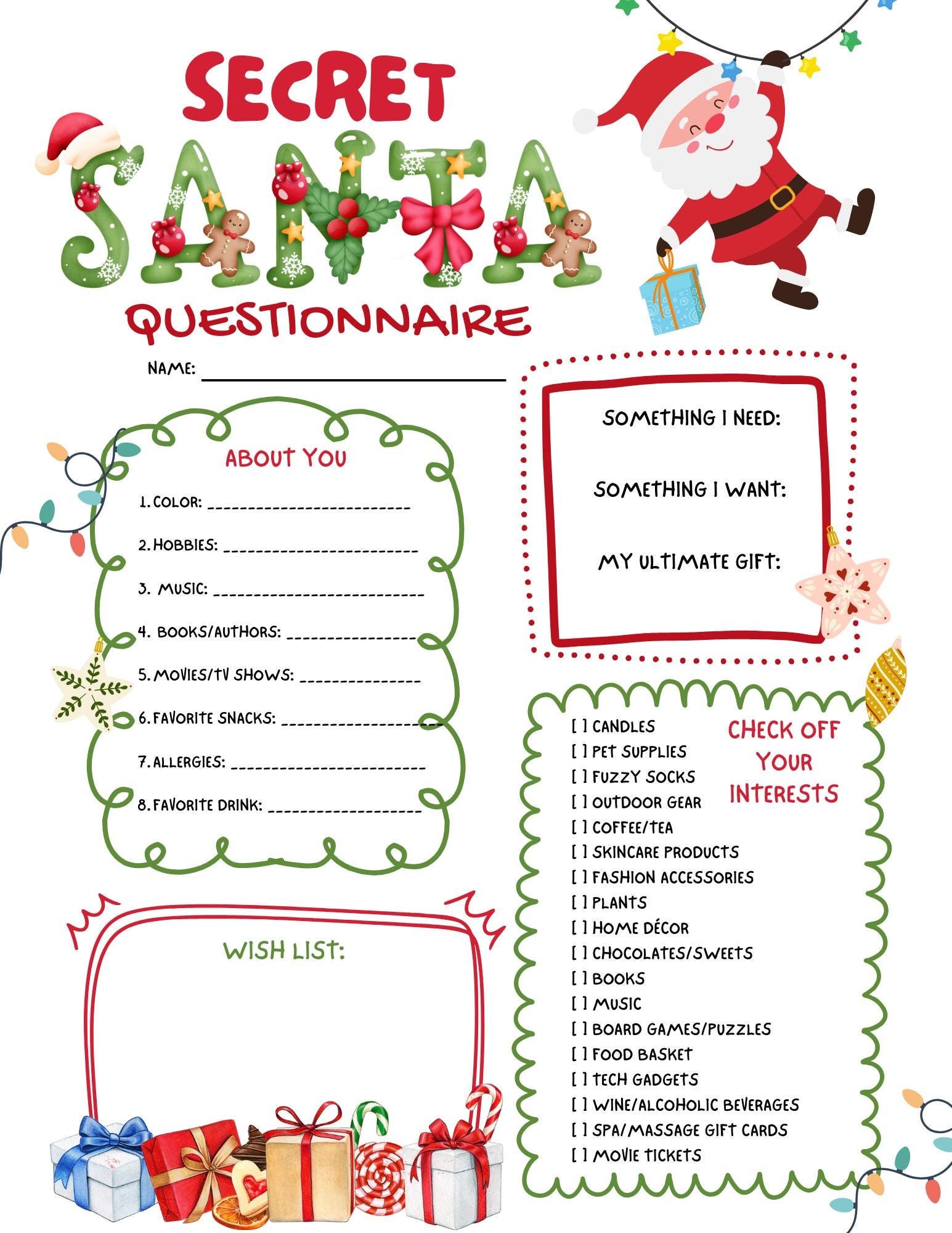 Printable Secret Santa Gift Exchange Questionnaire, Secret Santa ...