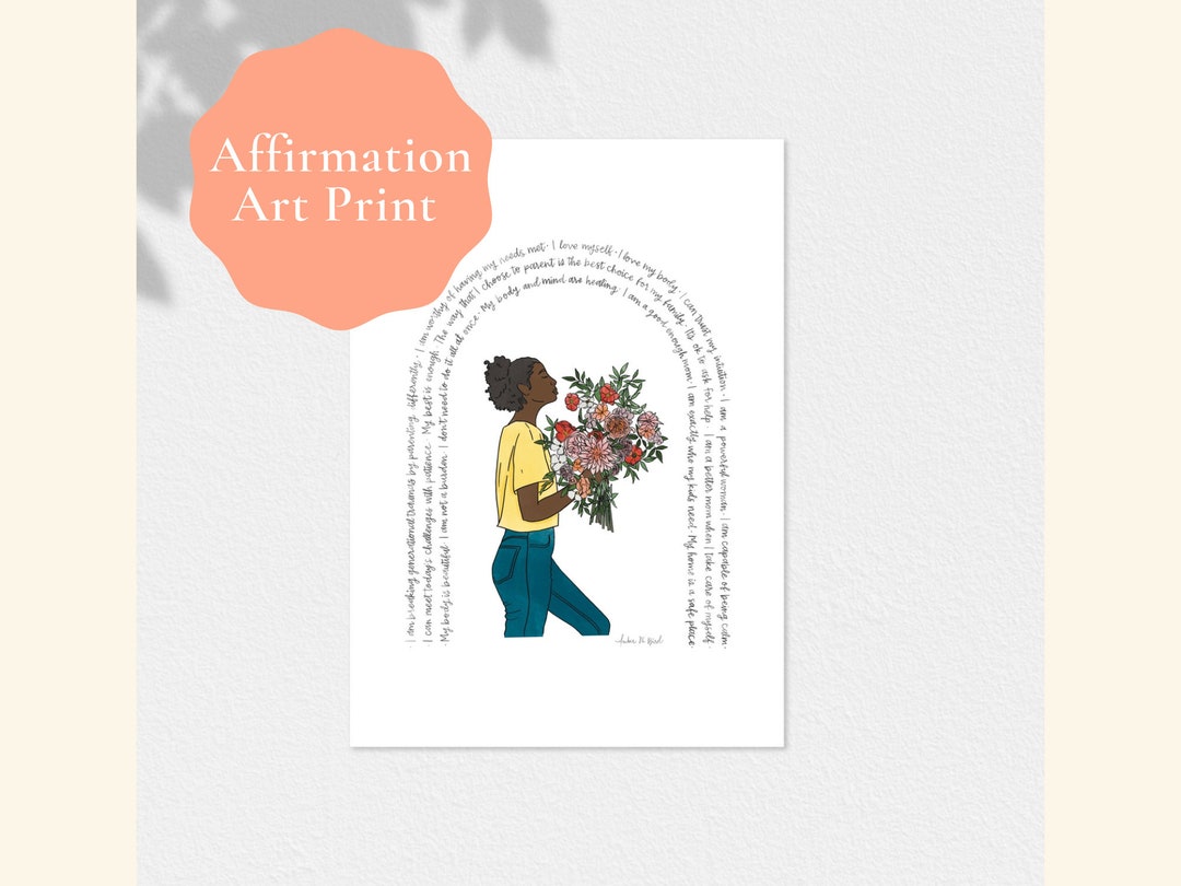 Mom Affirmations, Yellow Floral Woman, Art Print, Positive Affirmations ...