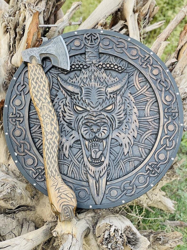 Medieval Viking Fenrir Shield & Axe Set, Viking Round Shield, Viking ...